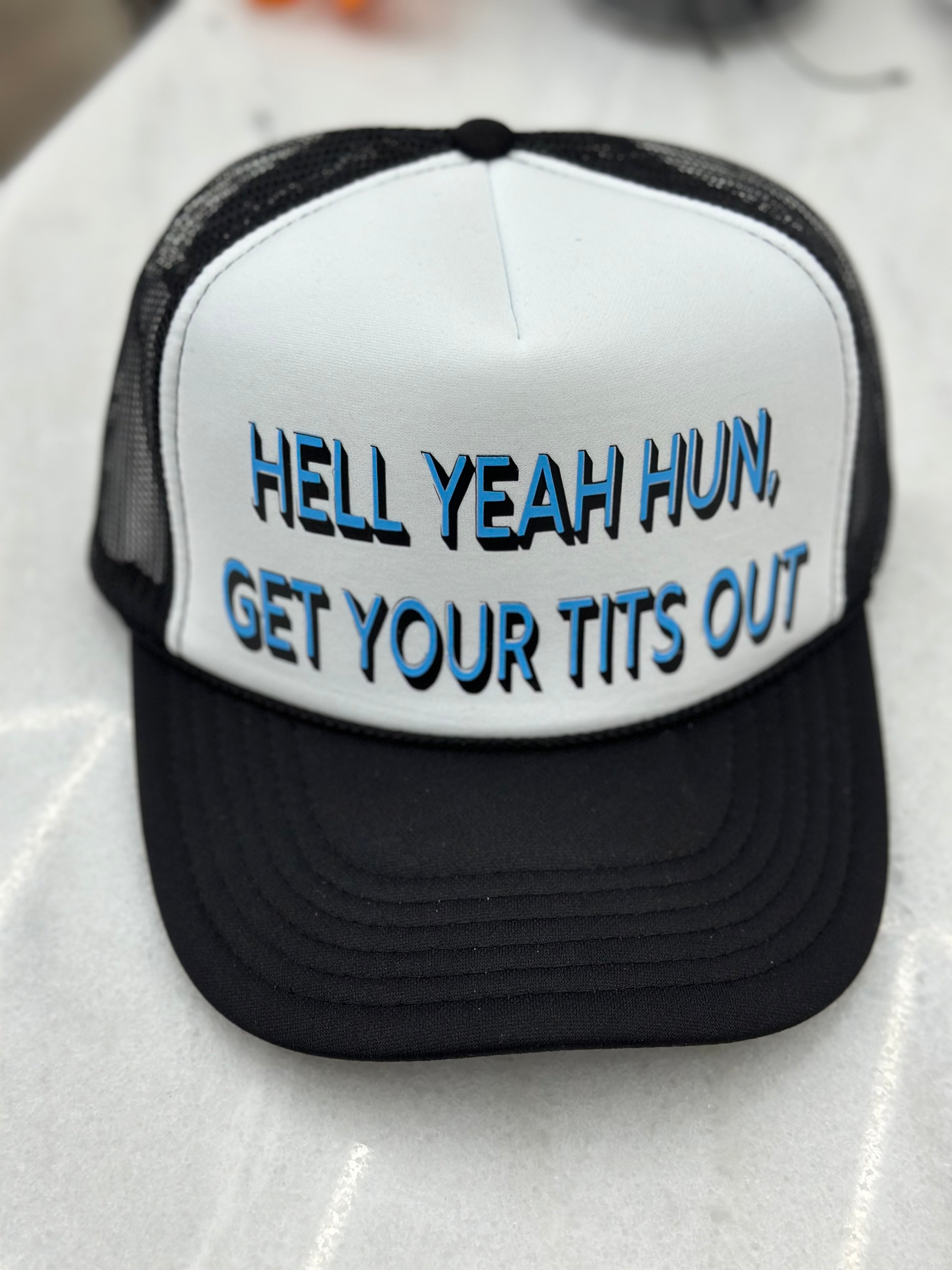Demon Bikini - Hell Yeah Hun - Black, White, And Blue Trucker Hat ...