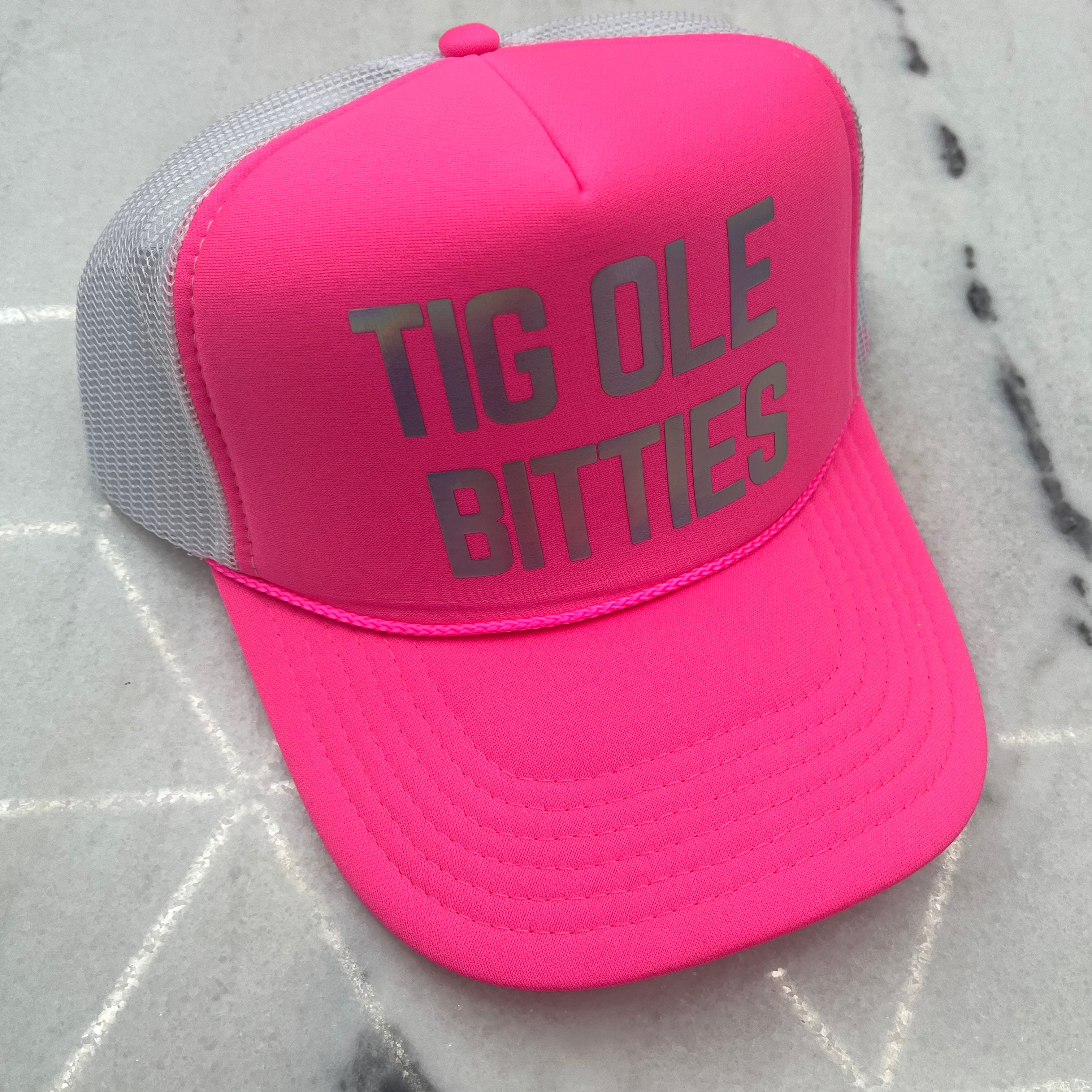 Demon Bikini - Tig Ole Bitties - Pink, Grey, And White Trucker Hat ...